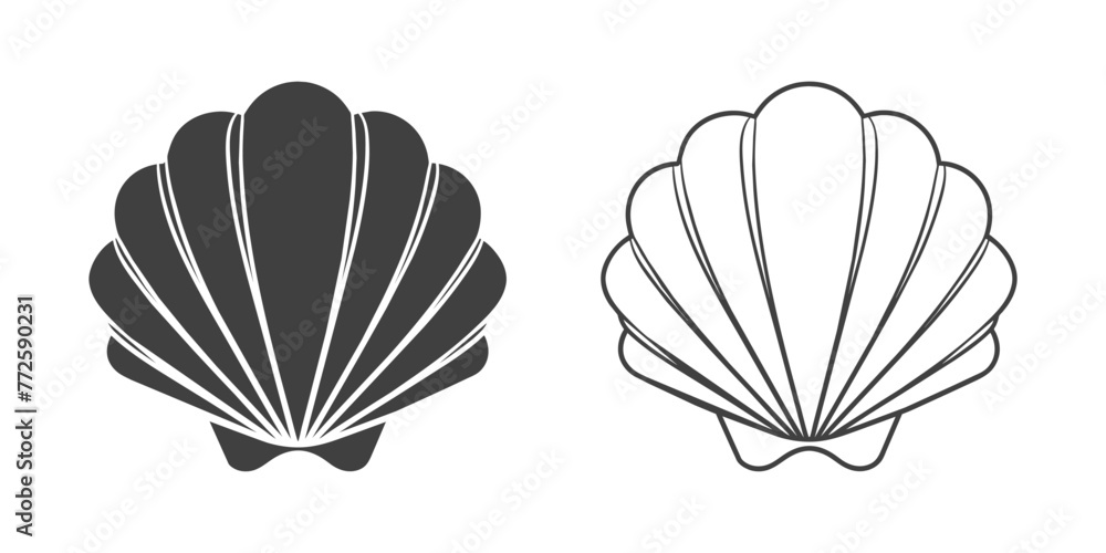 Scallop seashell logo. Isolated silhouette and contour drawing of a ...