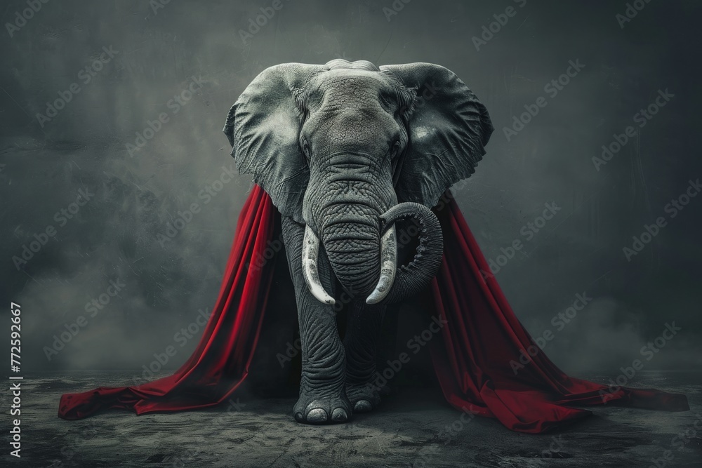 A majestic elephant proudly wearing a vibrant red cape around its neck ...