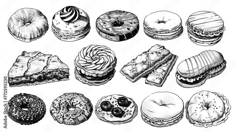 A drawing of various pastries and sandwiches. The pastries include ...