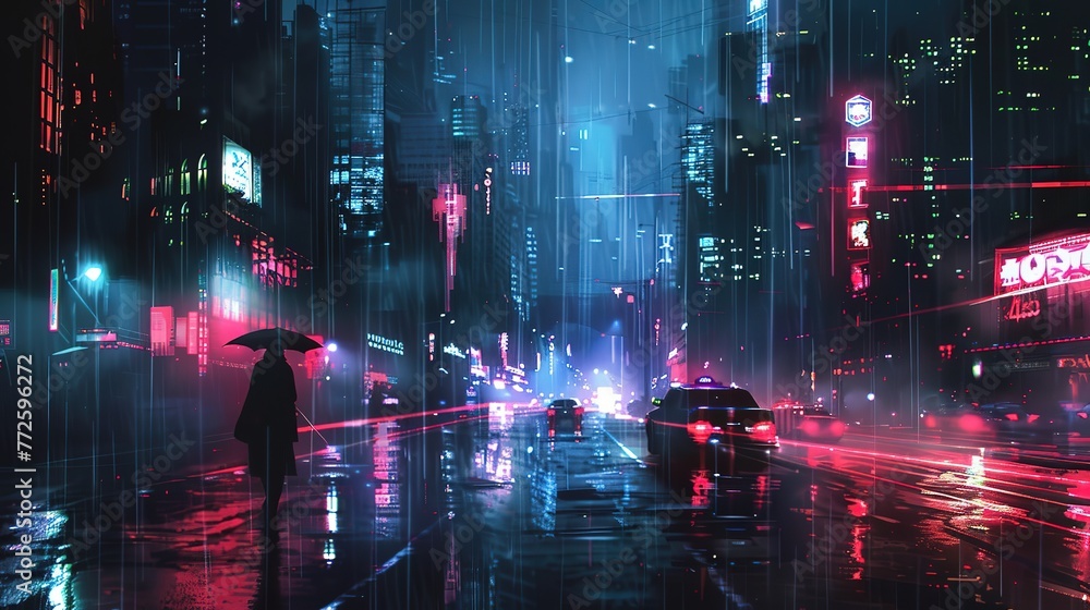 Cyberpunk streets illustration, futuristic city, dystoptic artwork at night, 4k wallpaper. Rain ...