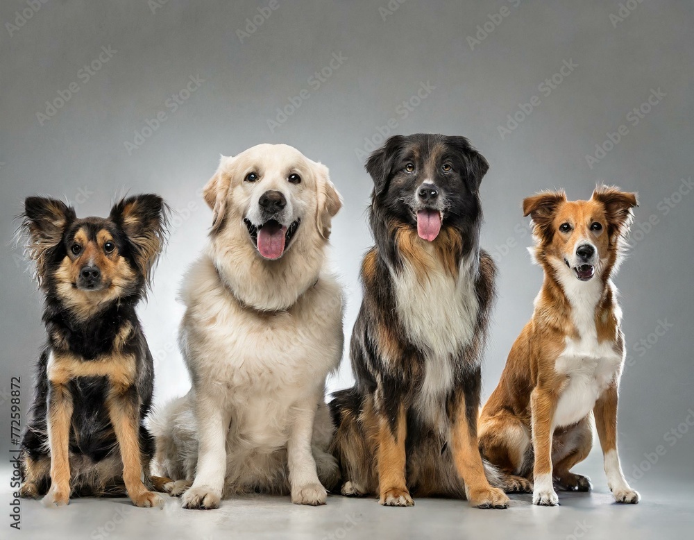 Group of cute well-trained dogs lined up in seating position ready for ...