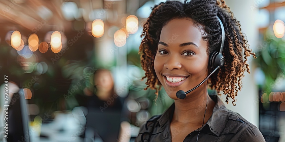 Friendly female call center worker in the office speaking on a headset ...