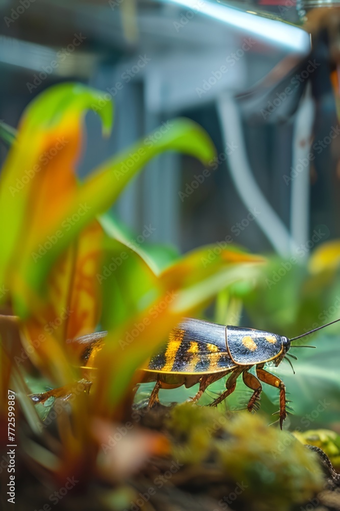 Exotic cockroach showcased in natural terrarium setting. Detailed view ...