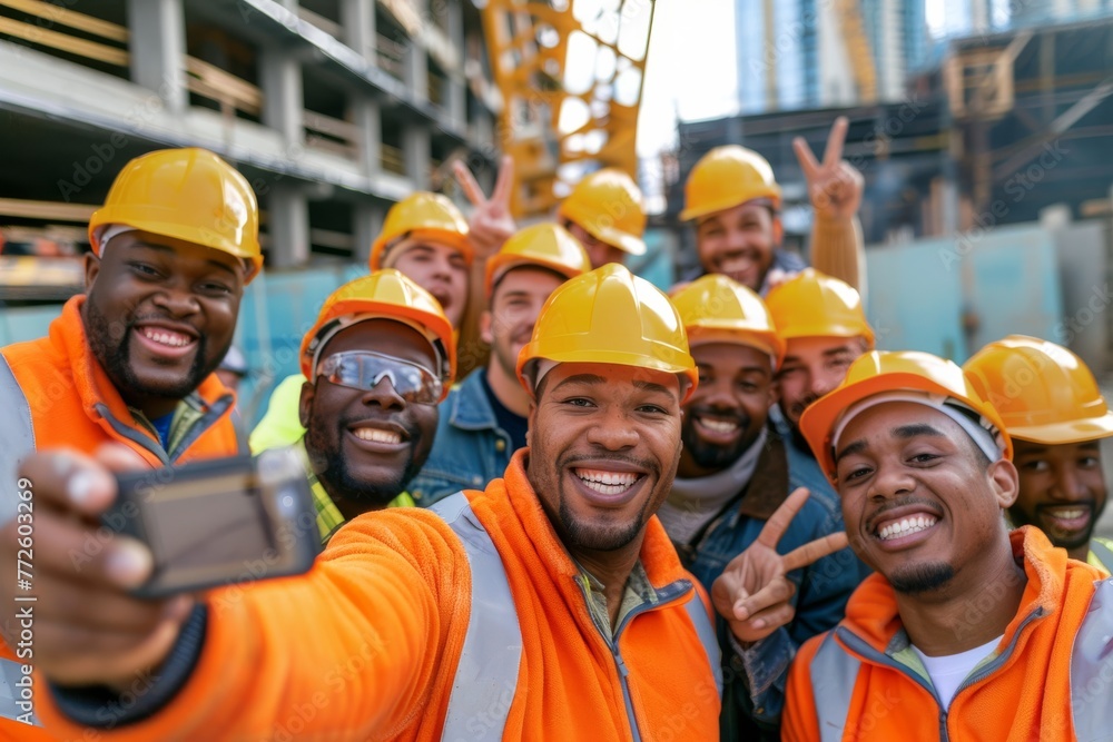 Joyful group of diverse construction workers taking a selfie on site ...