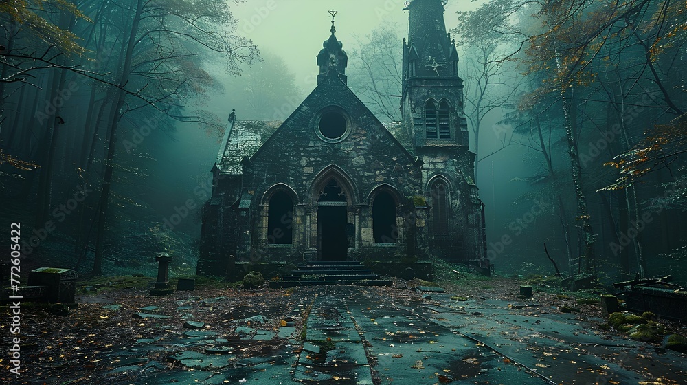 an abandoned chapel in a deep forest that is frightening and dark and ...
