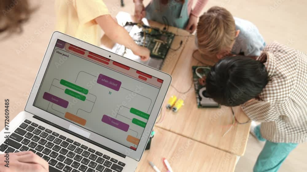 Top view of smart caucasian teacher coding engineering prompt and generated AI while diverse ...