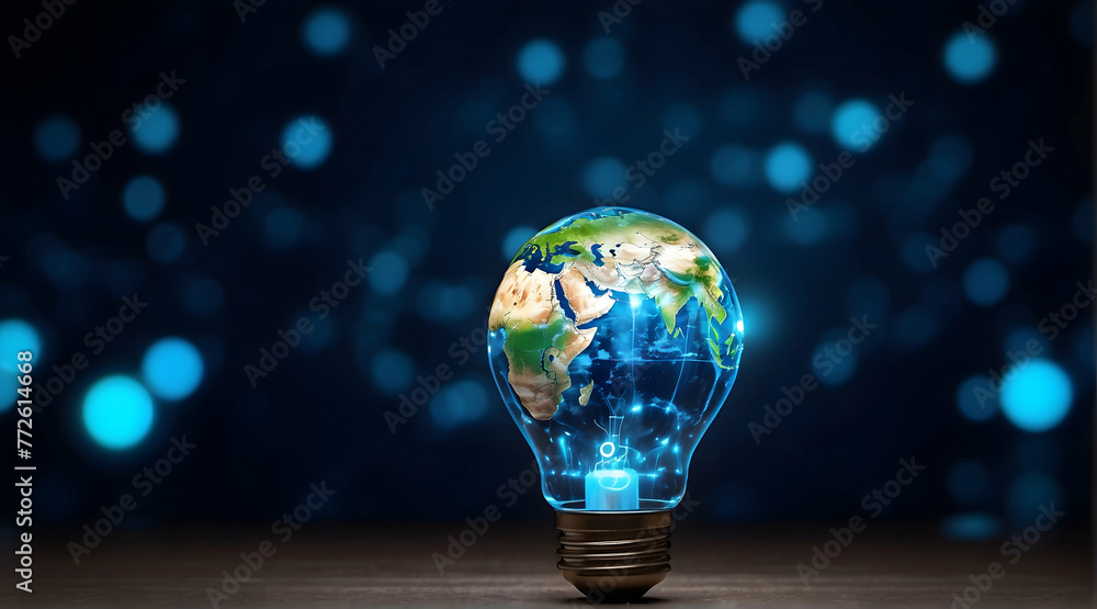 A light bulb with a world map overlay featuring digital connectivity ...