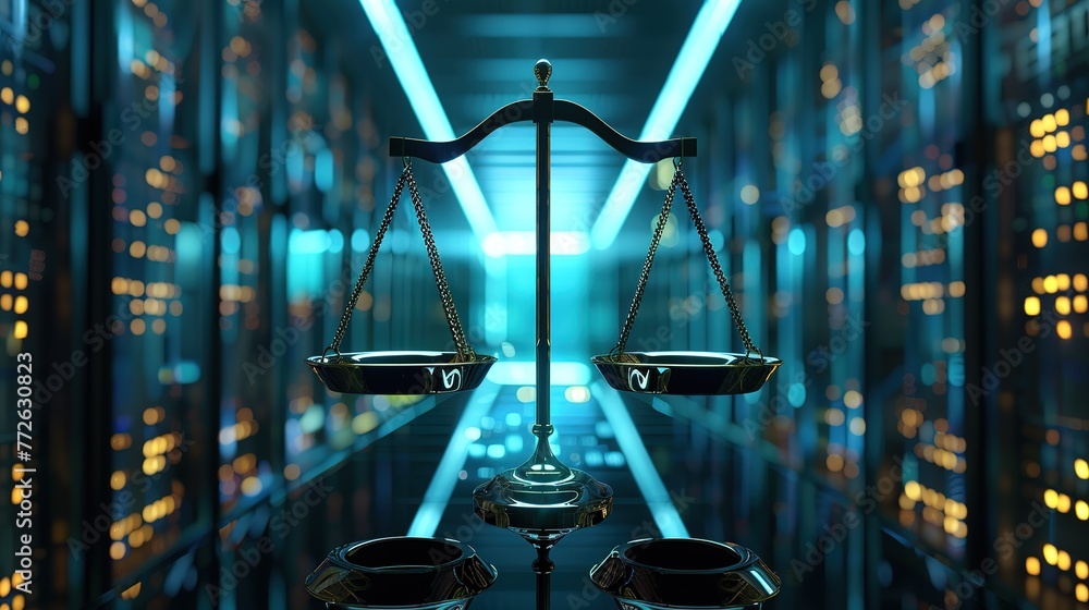 Law scales on background of data center. Digital law concept of duality ...
