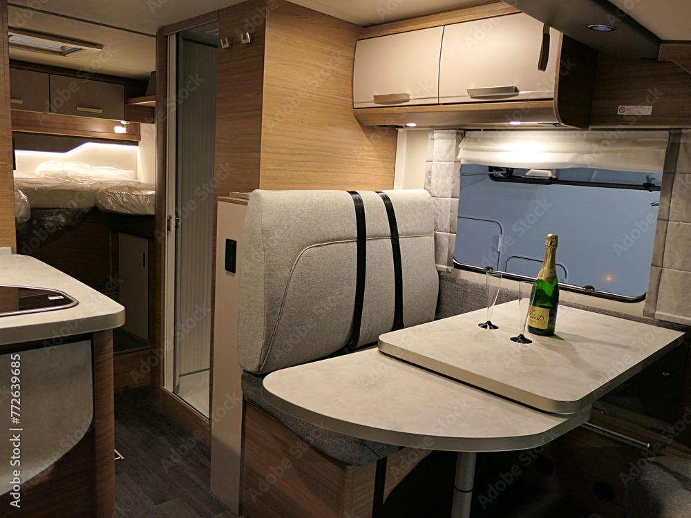 Interior of modern german camper van Knaus Live I 650 MEG, rear seats ...