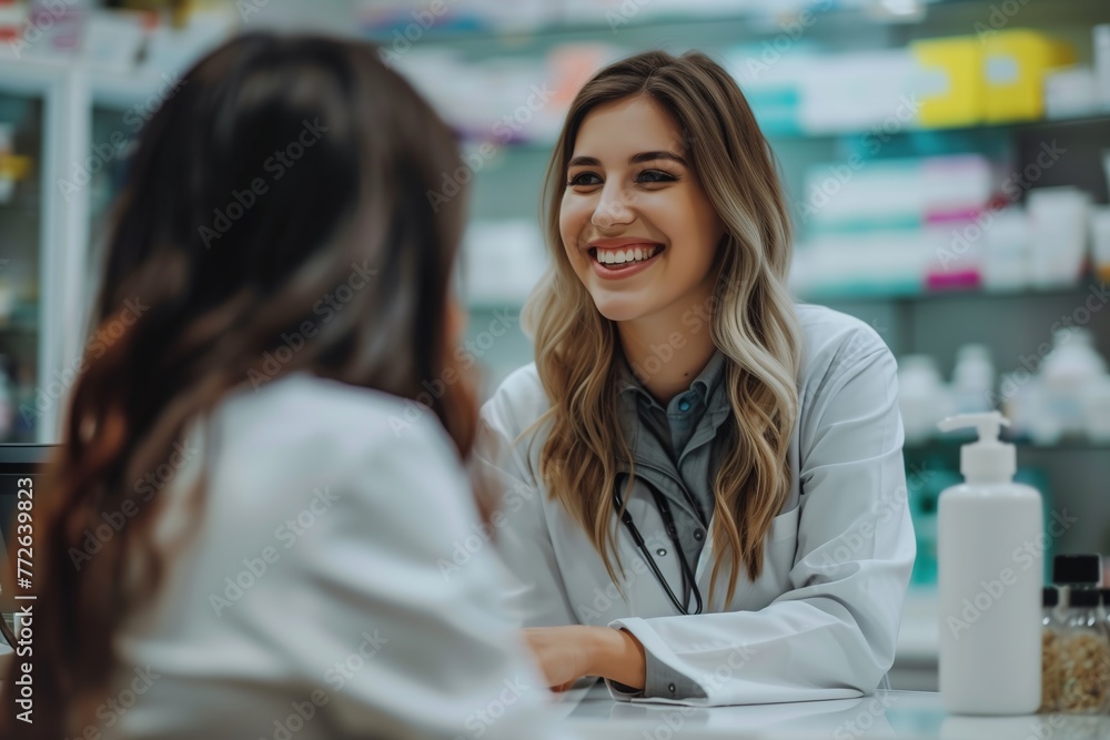 A serene professional female pharmacist counseling a customer with a ...