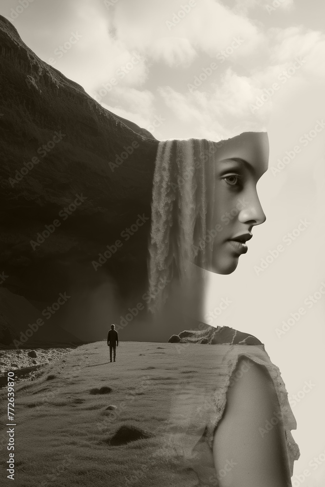 Lost in the Serenity, A woman captivated by a majestic waterfall, her ...