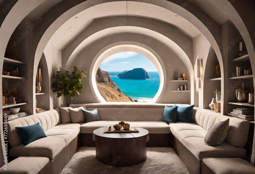Relaxing room with arched window overlooking the sea, Coastal living ...