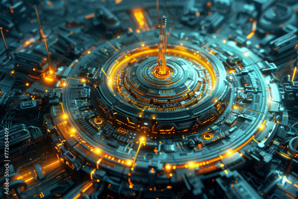 A digital castle surrounded by a circle of lights presents industrial ...