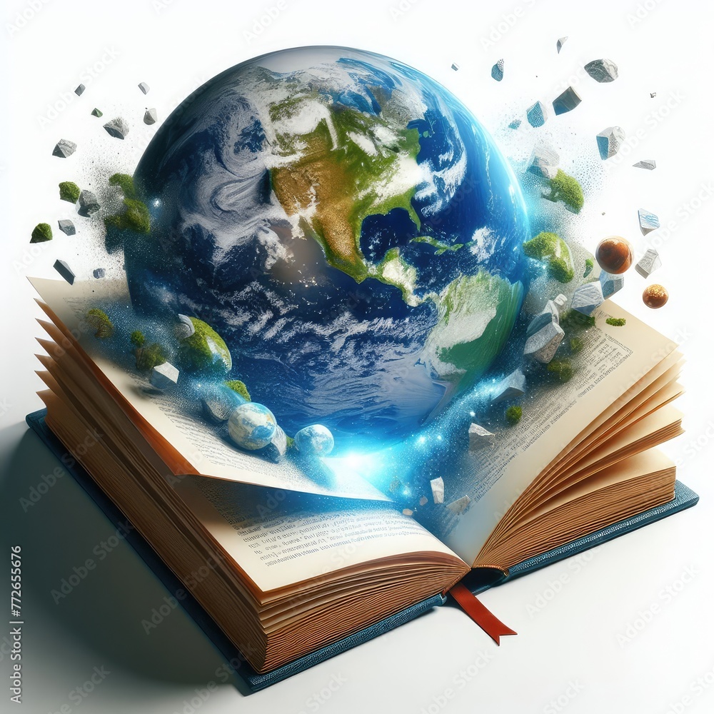 World book day, earth comes out of a book isolated on a white ...