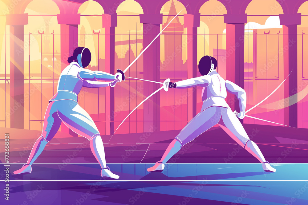 Fencing combat sport. Fencing athletes dueling with swords in ...