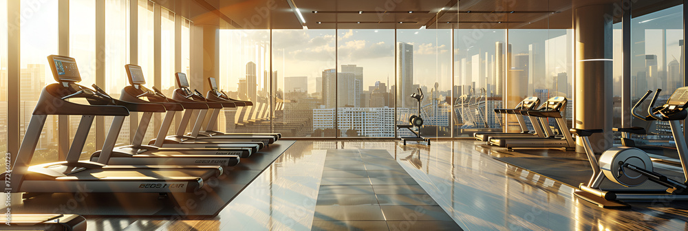 This photo showcases a welllit gym with an abundance of treadmills and expansive windows A ...