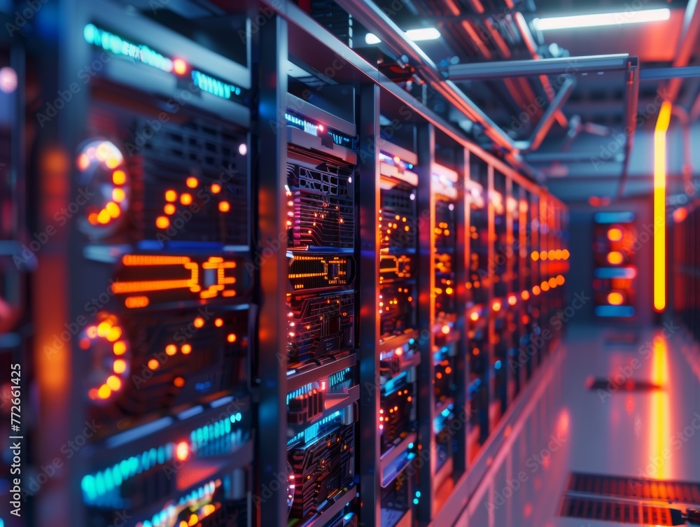 A high-tech data center with rows of server racks illuminated by red ...