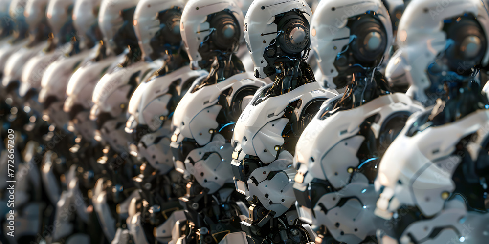 Close up on army of AI robots , A group of robots lined up in a line ...
