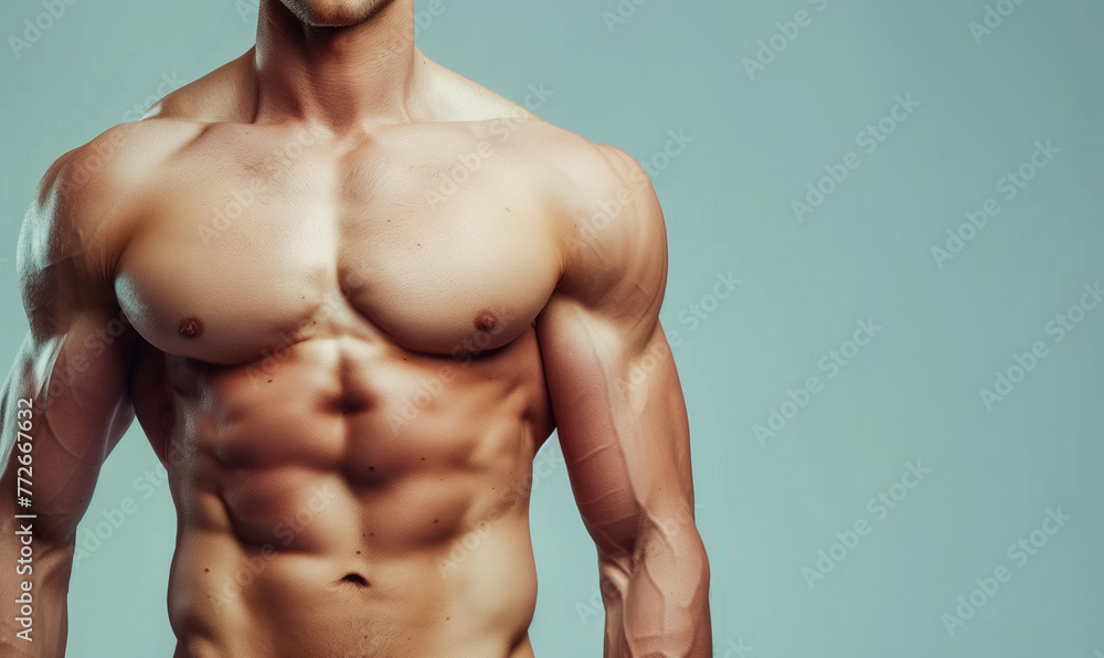 fit male torso showing muscles isolated on plain blue color studio ...