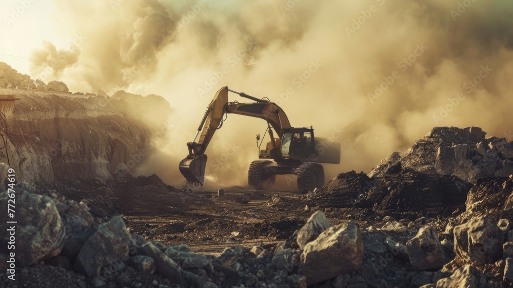 Backhoe loader working in the quarry at sunrise - An intense scene of a ...