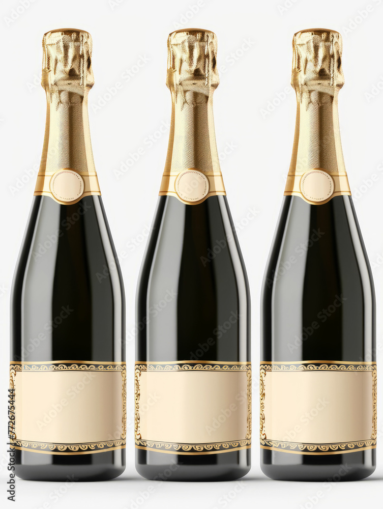 Trio of elegant champagne bottles showing their gold foils and blank ...