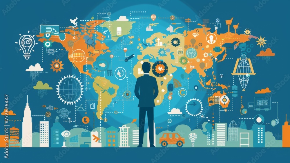 Businessman facing world map with innovation icons - An illustration reflecting global business ...