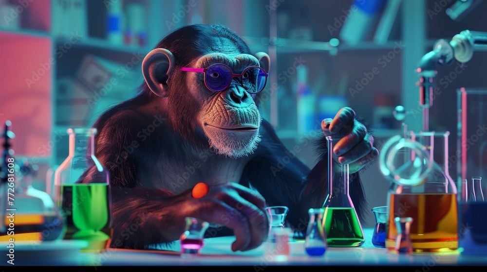Chimpanzee scientist formulating a potion, cluttered lab, bubbling ...