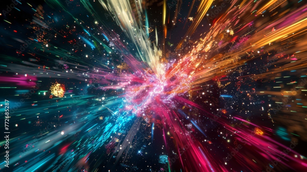 An intense explosion of neon energy leaving behind a trail of brilliant colored particles that ...