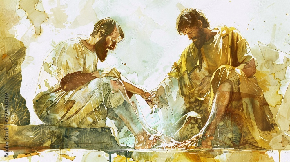 Jesus washing the disciples feet in humility rendered in gold ...
