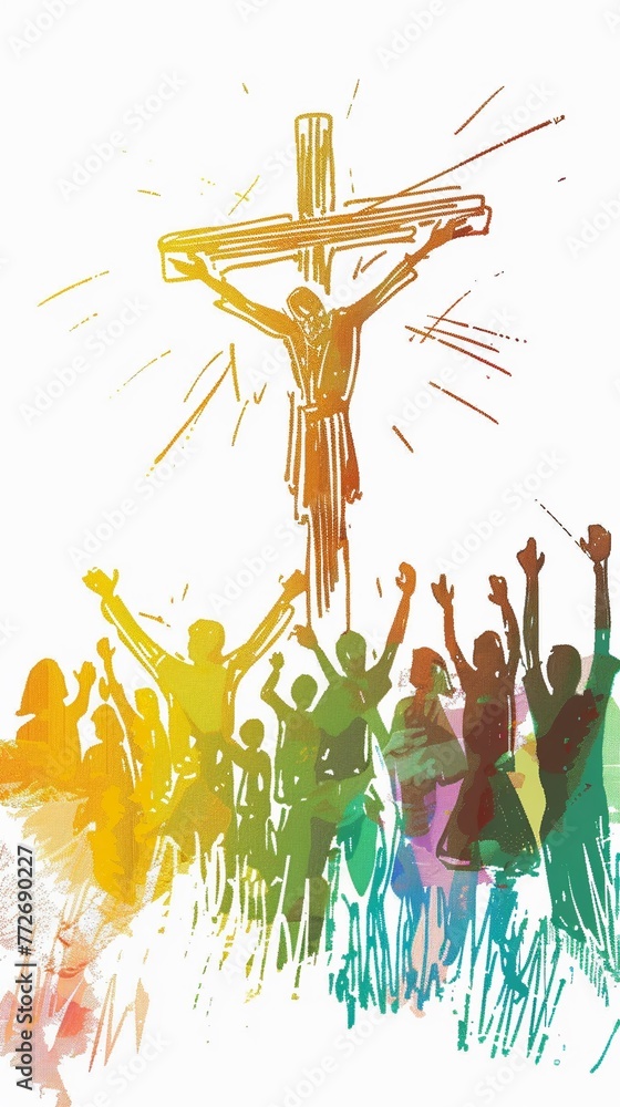 Joyful Christian gatherings depicted in hand-drawn style a community in ...