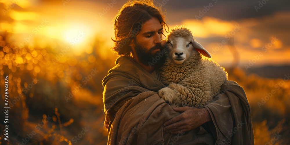 jesus in the woods with sheep by the sun., Christian banner with Jesus ...