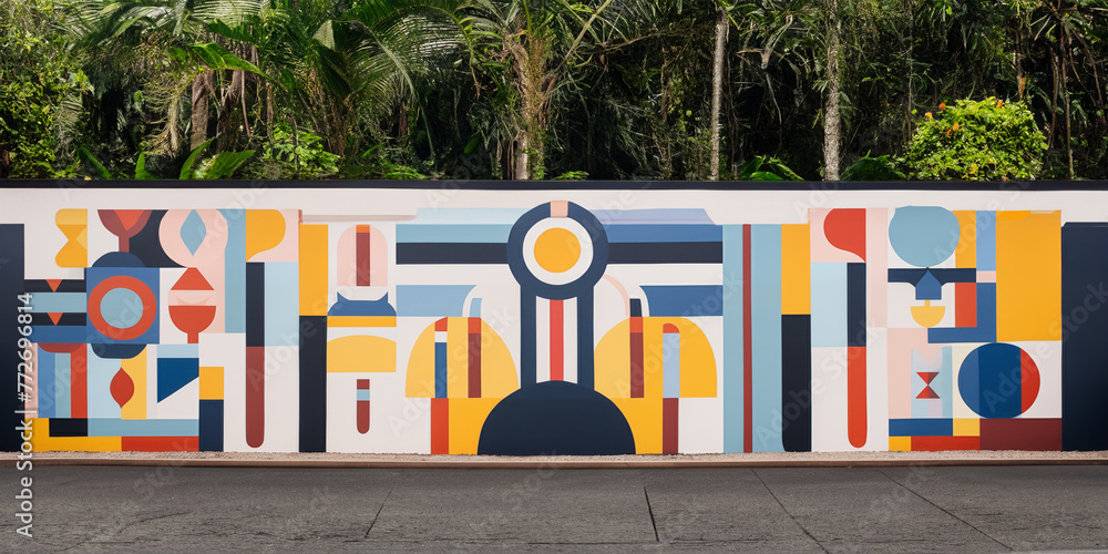A fictitious wall mural along a street next to a rainforest jungle ...