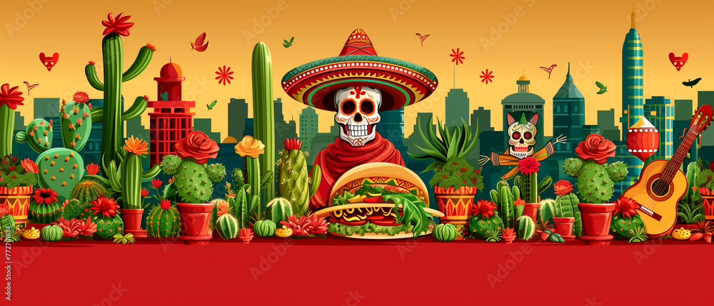 Traditional Mexican symbols: chili, sugar skull, taco and others ...