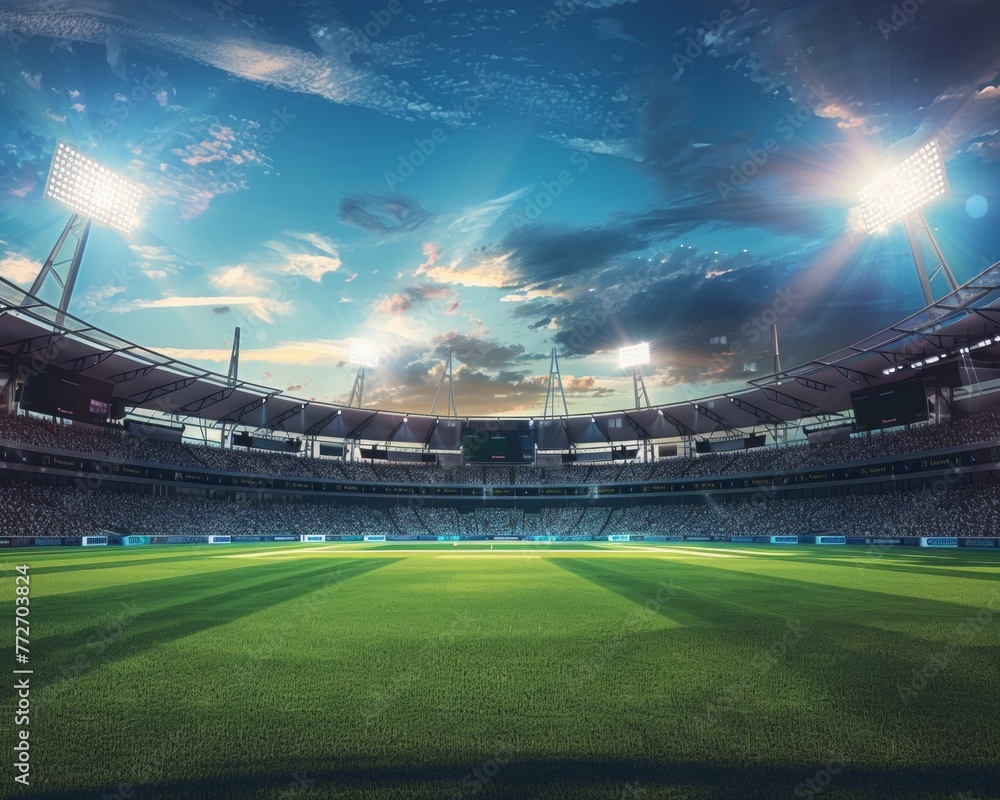 Cricket match in a stadium with LED lighting and rainwater harvesting ...