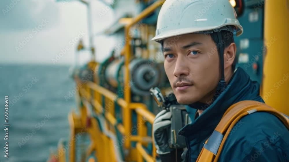 Picture of an Asian petroleum engineer Inspect crude oil drilling rigs and industrial pipelines ...