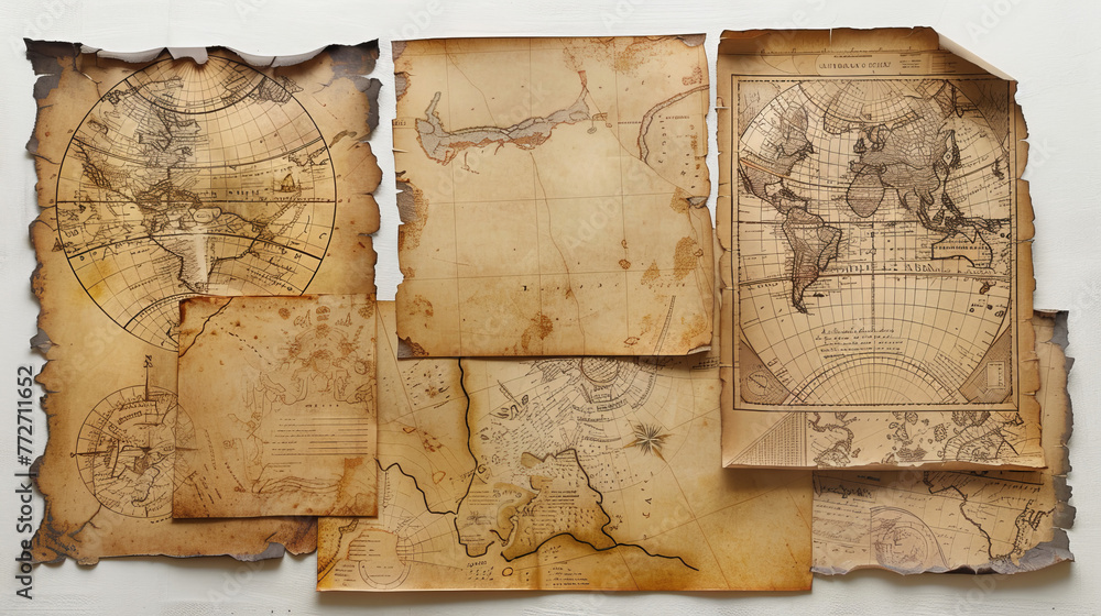 Tattered blank labels and vintage maps with a focus on the detailing ...