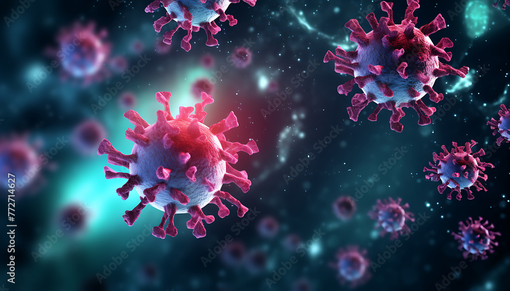 Detailed 3D illustration of viruses with spike proteins against a dark ...