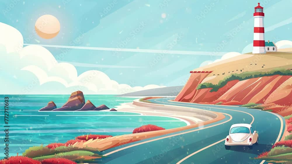 illustration of a car driving in coastal road trip. seamless looping ...