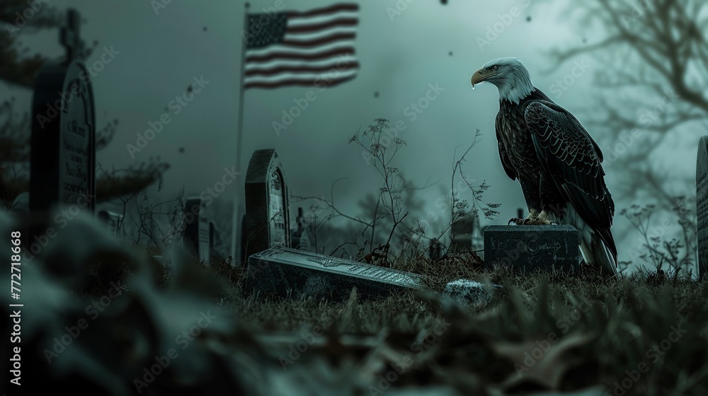 Eagle beside gravestones, single tear, flag halfmast, charcoal, somber ...