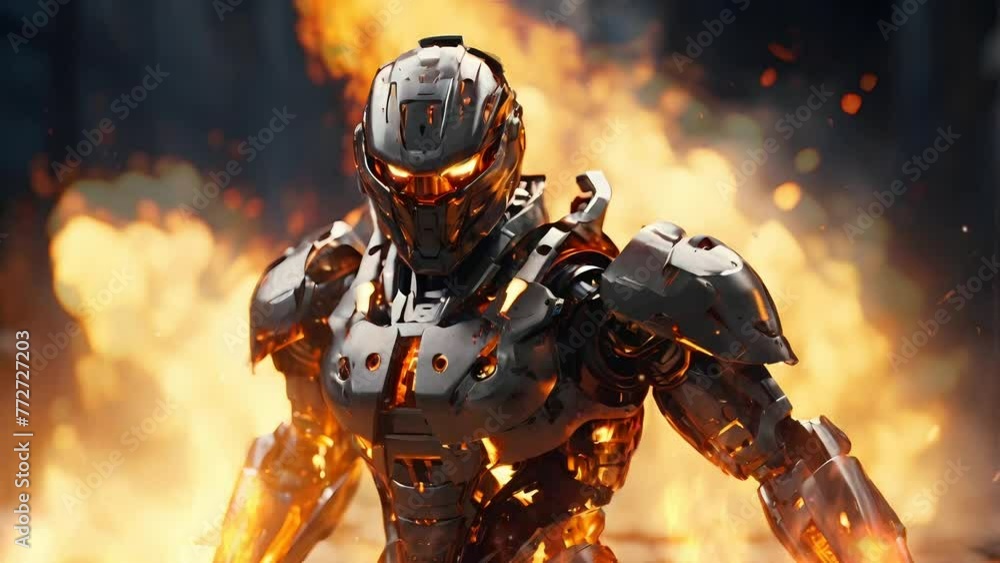 Vidéo Stock robot on fire in the night battle, seamless looping video ...