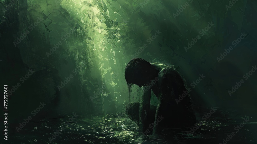 In the dim light, a figure slumps against the backdrop of broken ...