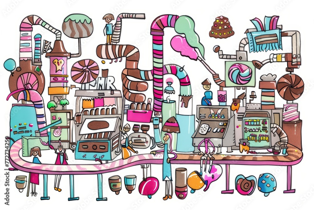 Cartoon cute doodles of a candy factory where workers operate conveyor ...
