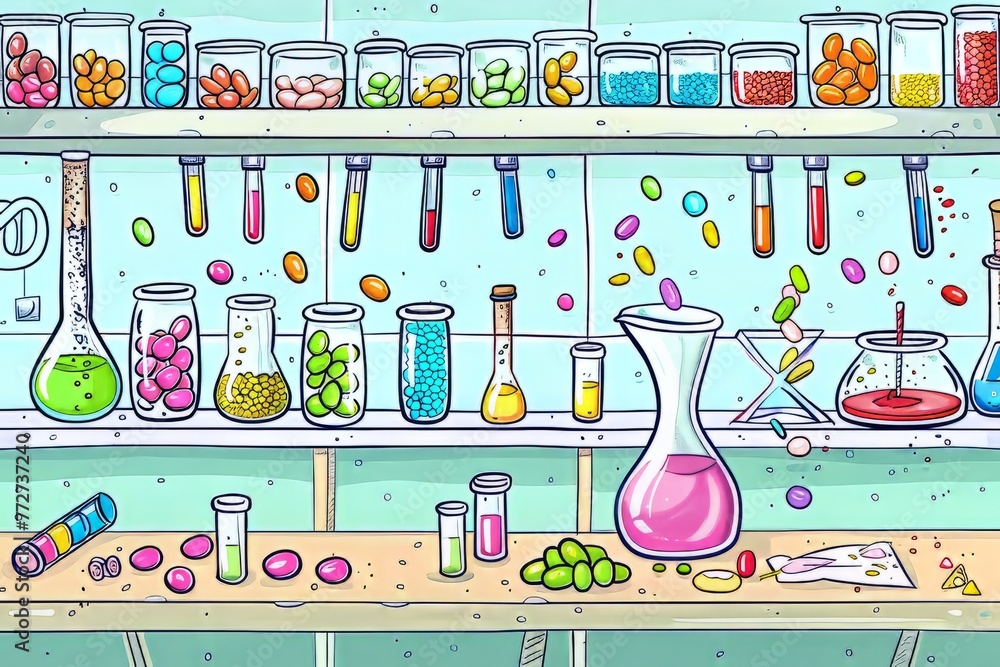 Cartoon cute doodles of a candy laboratory where scientists create new ...