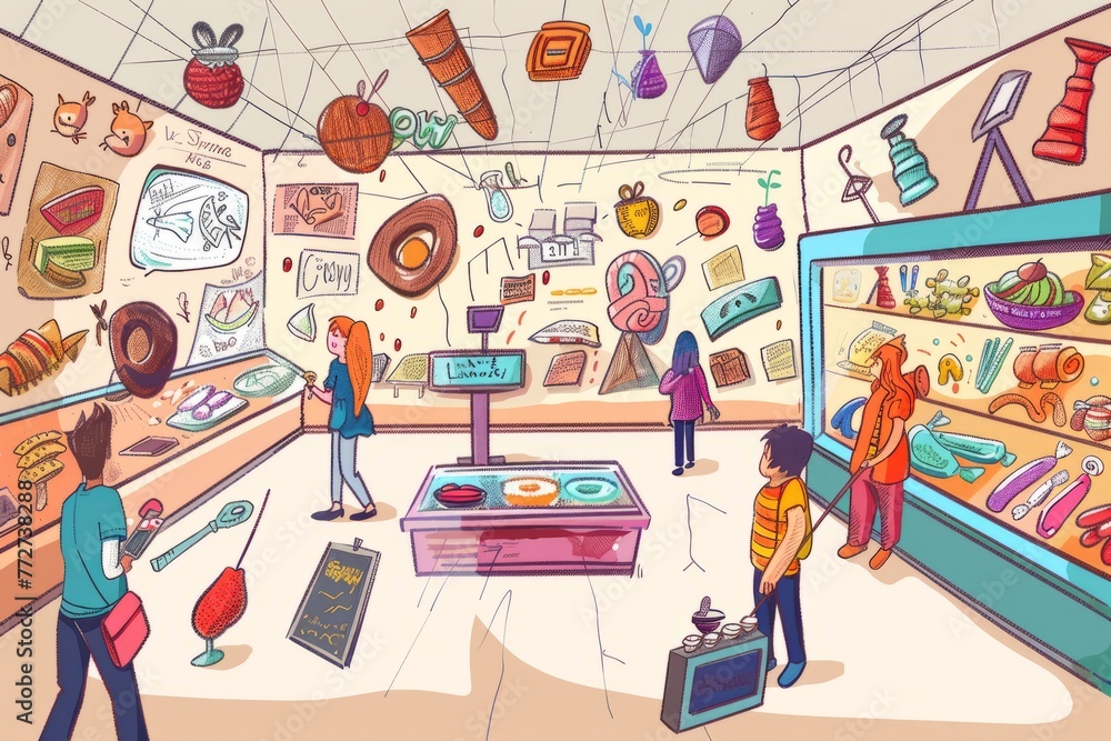 Cartoon cute doodles of a candy museum showcasing exhibits on the ...