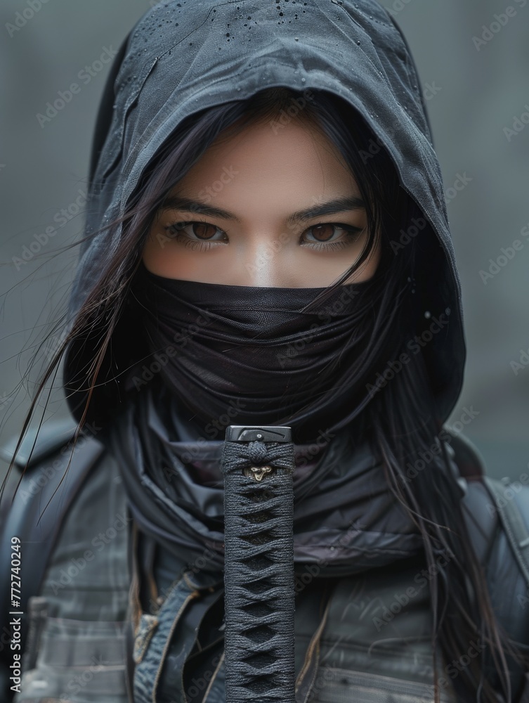 portrait of a female japanese assassin with a ninja sword - samurai ...