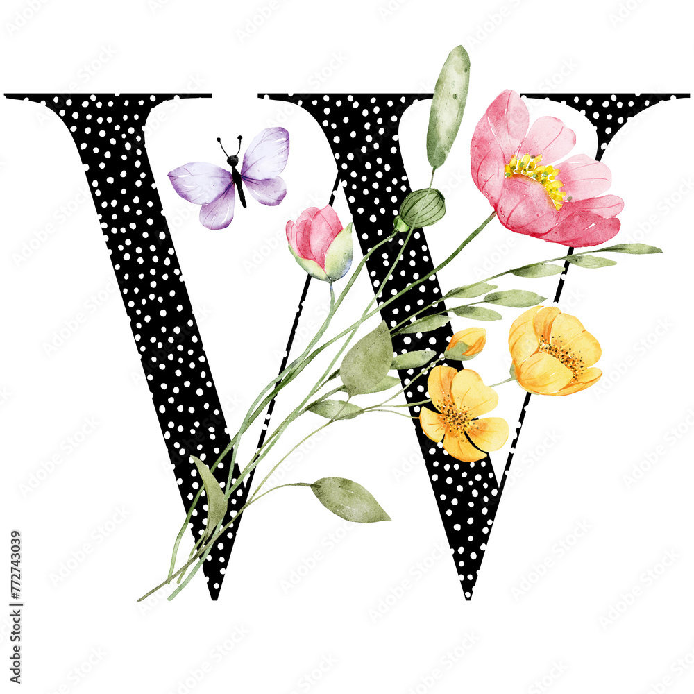 Letter W with watercolor flowers and leaf. Monogram initial, letterhead ...
