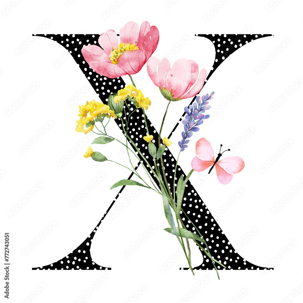 Letter X with watercolor flowers and leaf. Monogram initial, letterhead ...