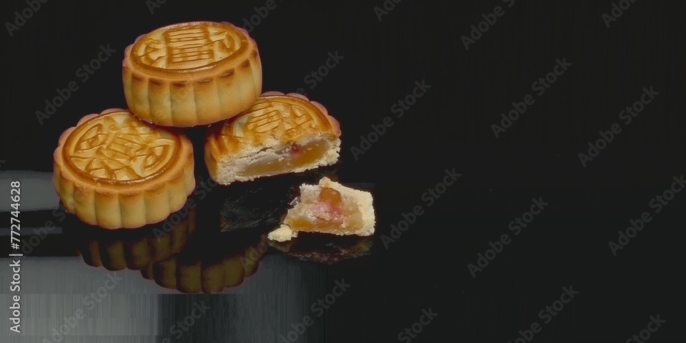 Foto de Elegant mooncakes on a reflective surface with one cut open ...