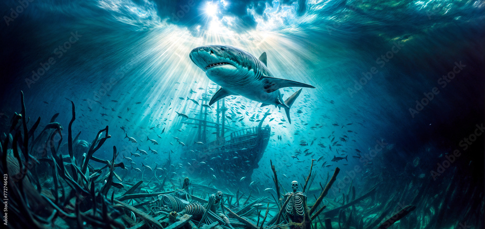 Great White Shark swimming around sunken pirate ship in crystal clear ...