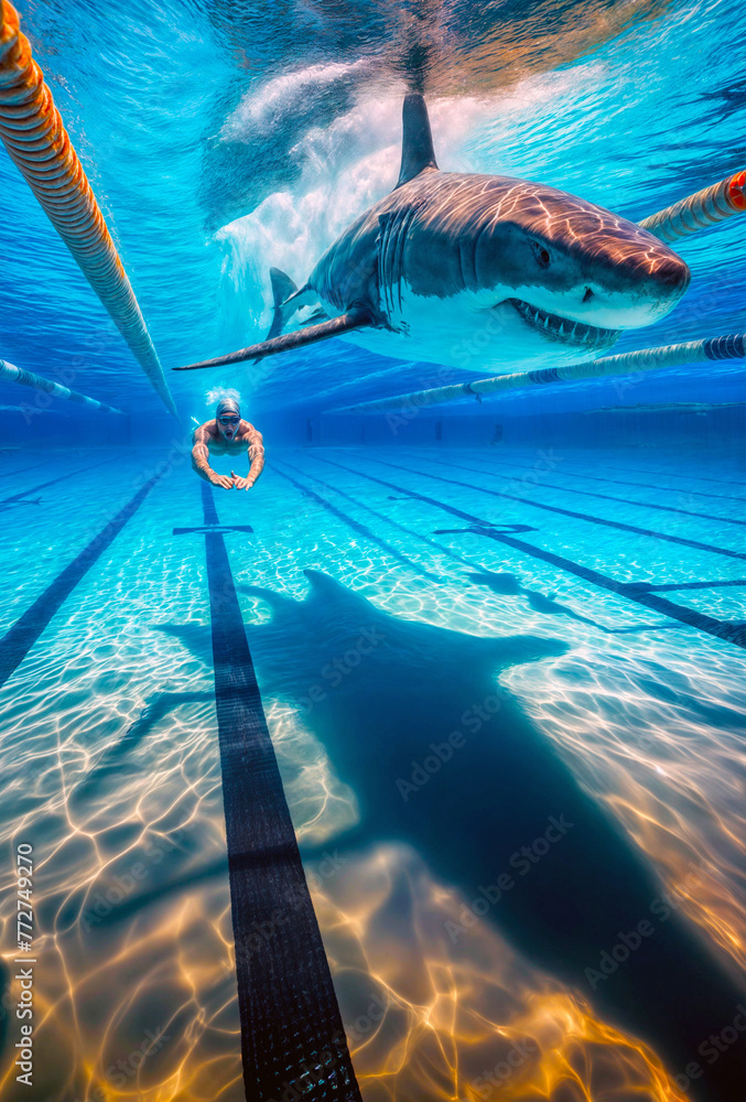 Foto de Athletic male swimmer swims for his life racing against Great ...